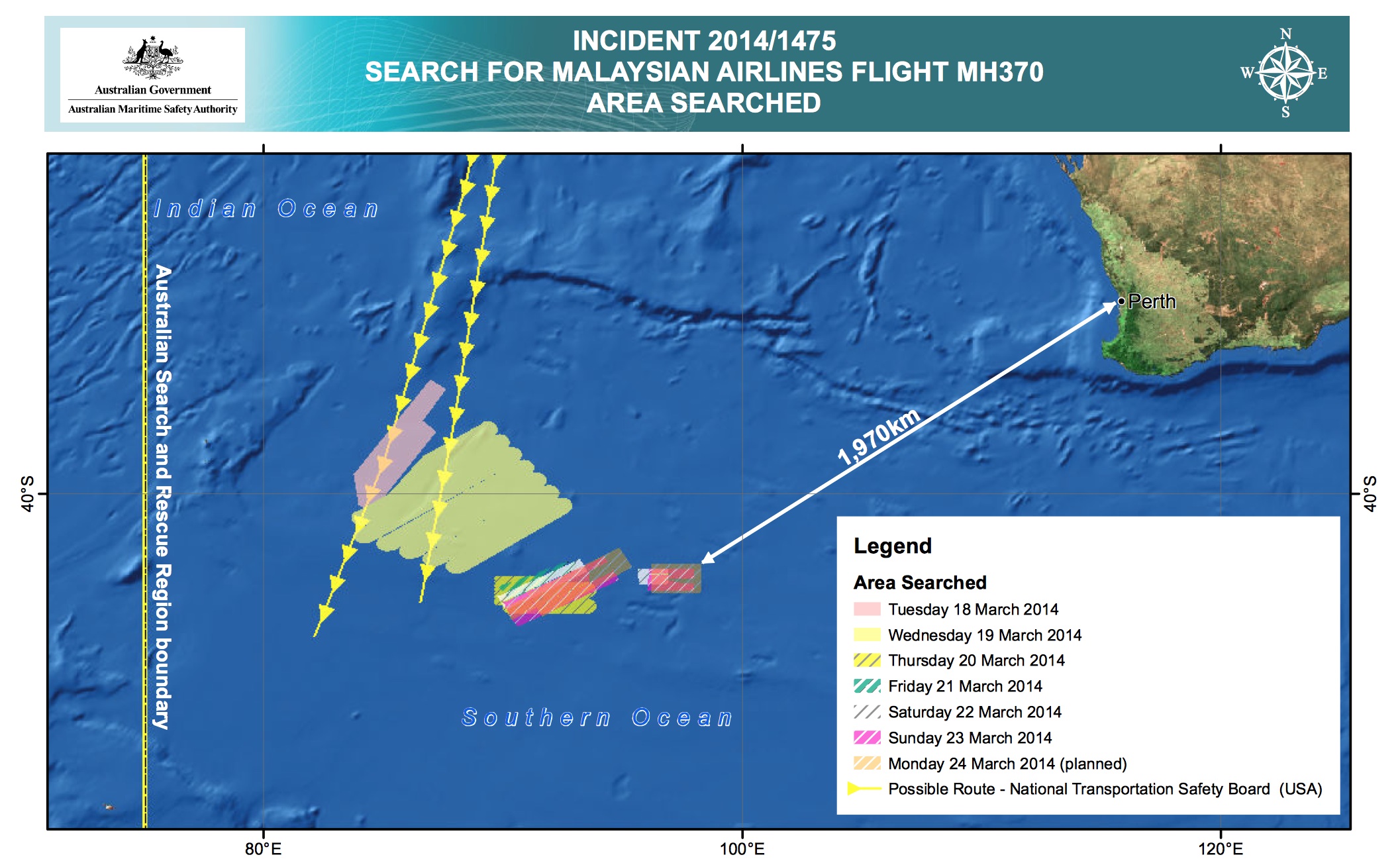 AMSA Search Areas for MH 370 3.25.14 (AMSA) | World Airline News
