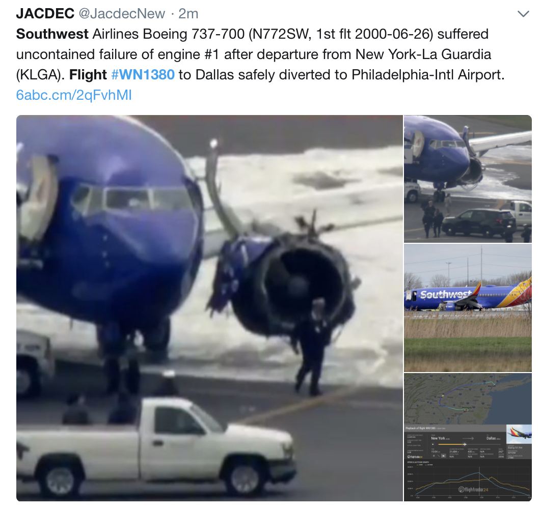 Southwest flight WN 1380 makes an emergency landing at Philadelphia ...