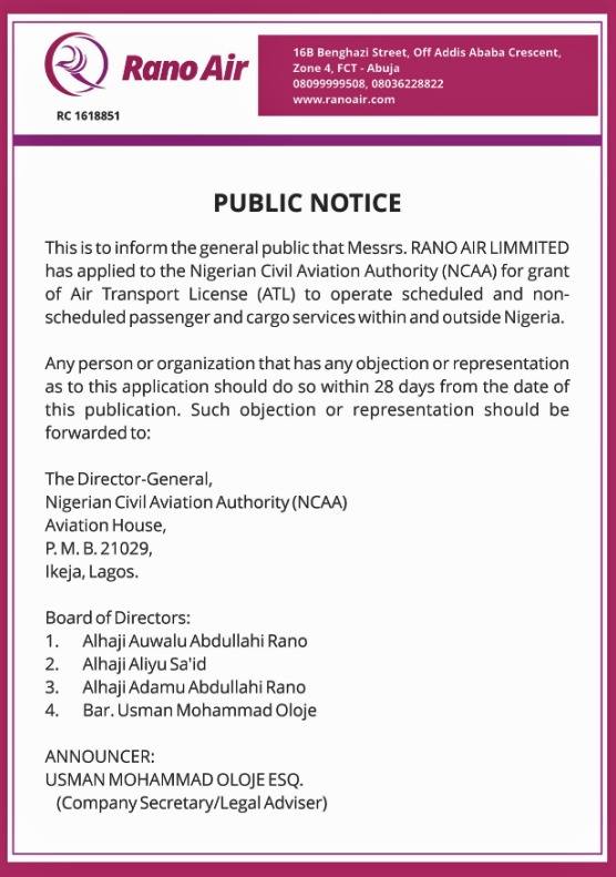 Rano Air, a new airline in Nigeria, plans its debut in 2022 | World ...